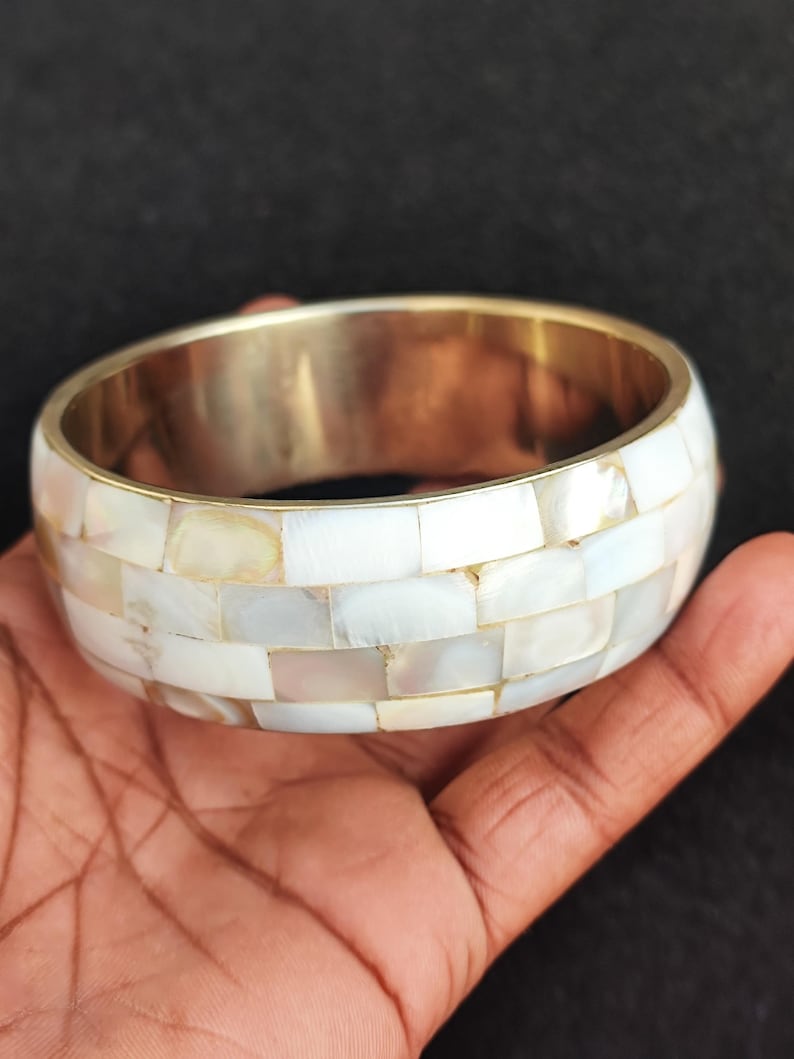 Abalone Shell Inlay Bangle Bracelet With Silver Brass Mother of Pearl ...