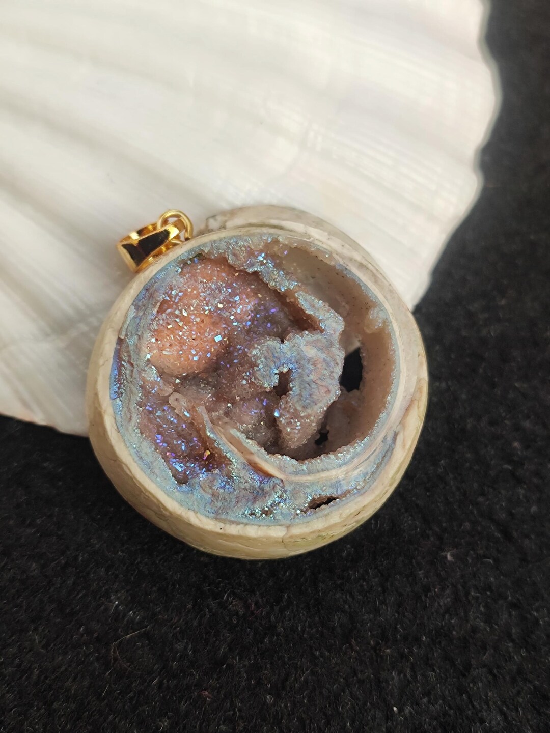 Super Natural Rainbow Spiralite Fossil Shell Aura Coated Pendant ...