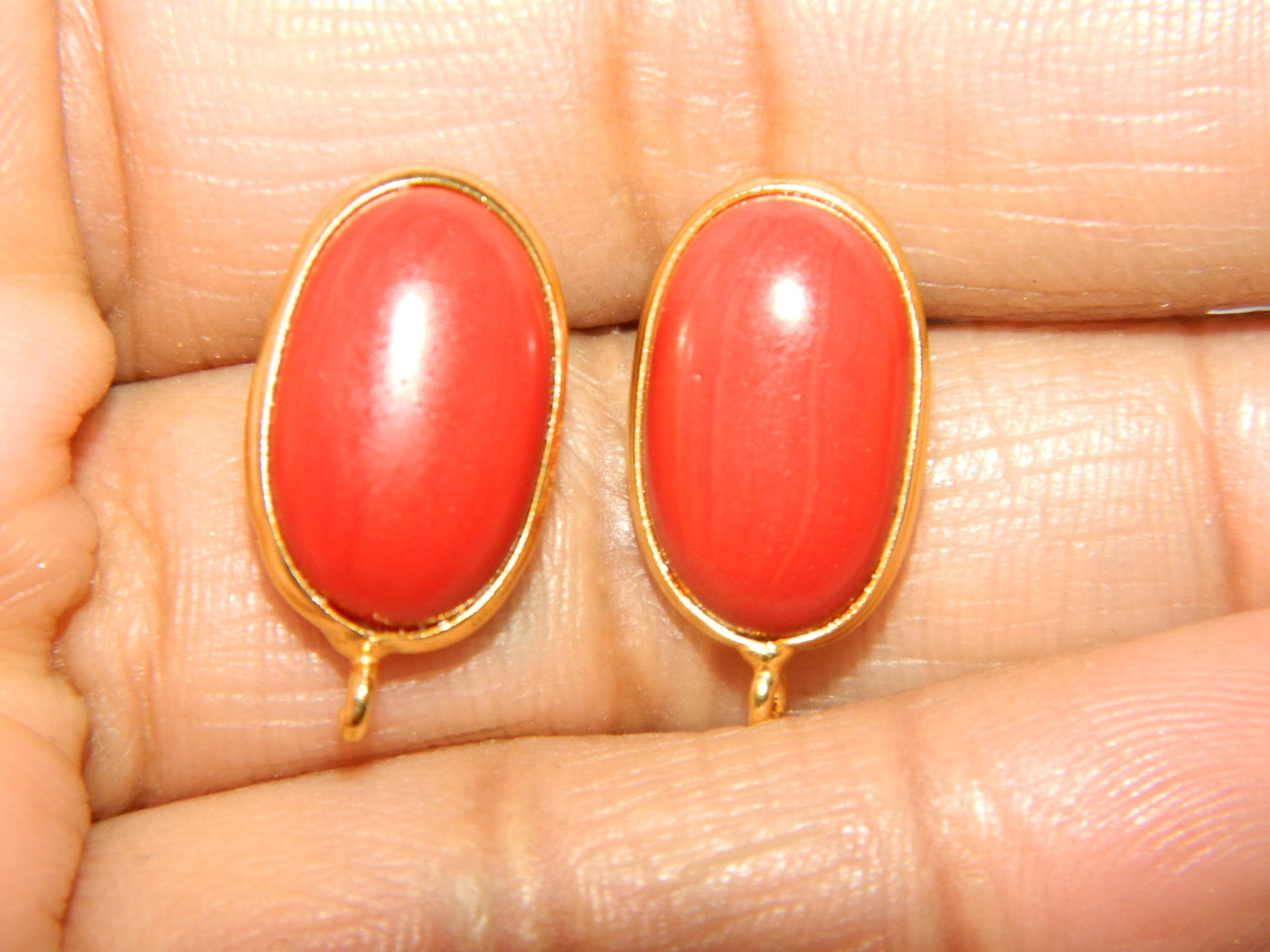Gold Plated Bezel Set Man Made Synthetic Coral Ear post | Etsy