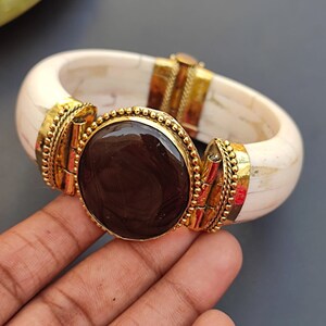 Buffalo Bone Bangle Bracelet With Chalcedony Agate, Ethically Sourced ...