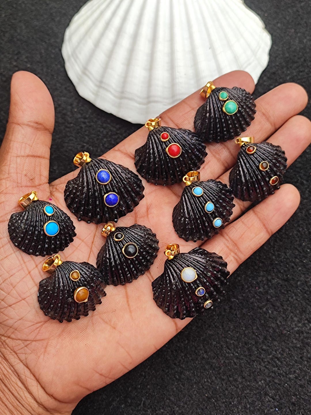 Black Seashell Pendant, Multi Gemstone Scallop Charm - Etsy