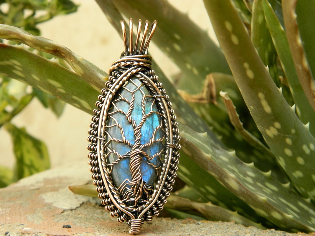 Tree of Life Wire Wrapped Pendant Natural Labradorite Gemstone Necklace ...