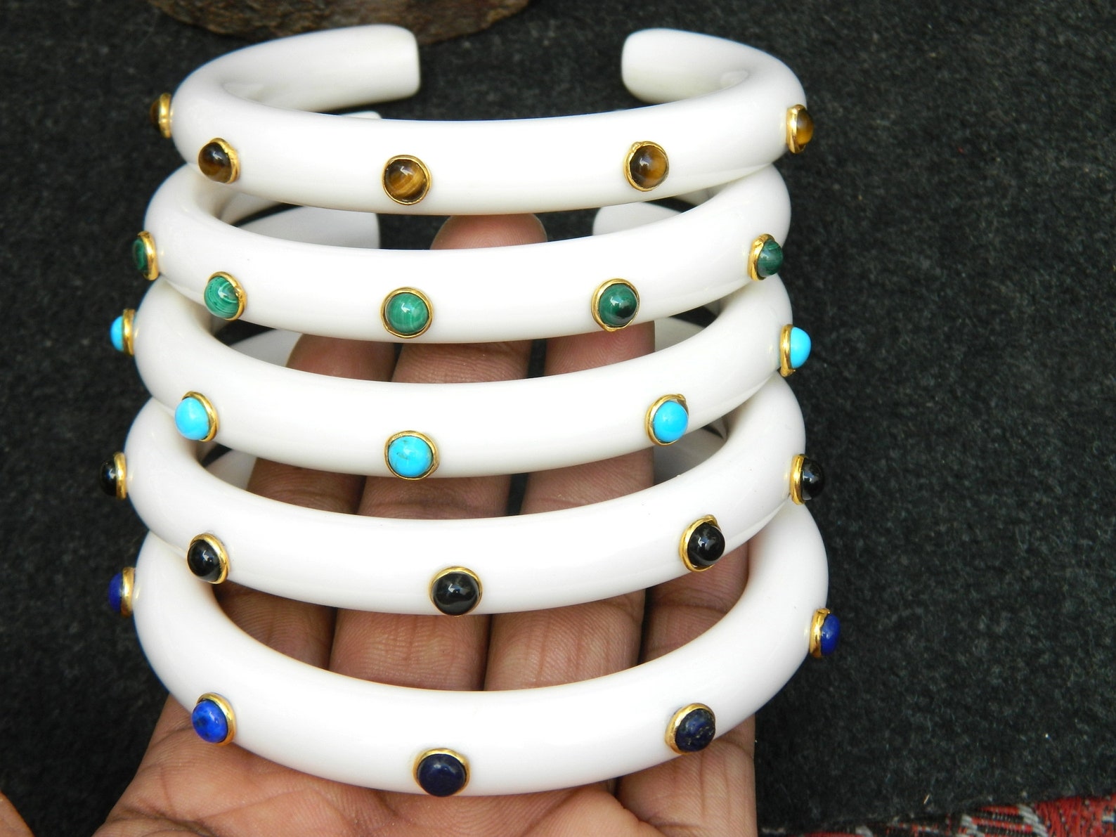Resin Cuff Bangle: Ivory, Multi-gemstone Accent, Stacking Jewelry - Etsy