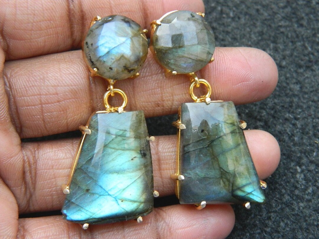 Natural Labradorite Gemstone Jewelry Gold Plated Brass Prong Set Studs ...