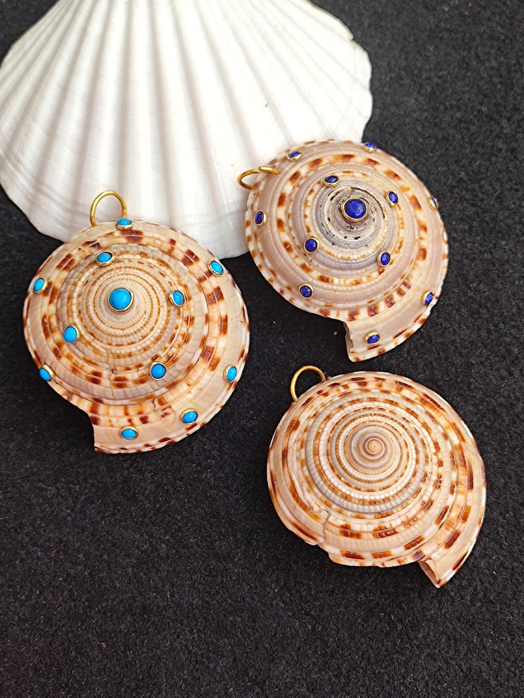 Seashell Pendant Necklace: Natural Sundial Shell With Turquoise, Lapis ...