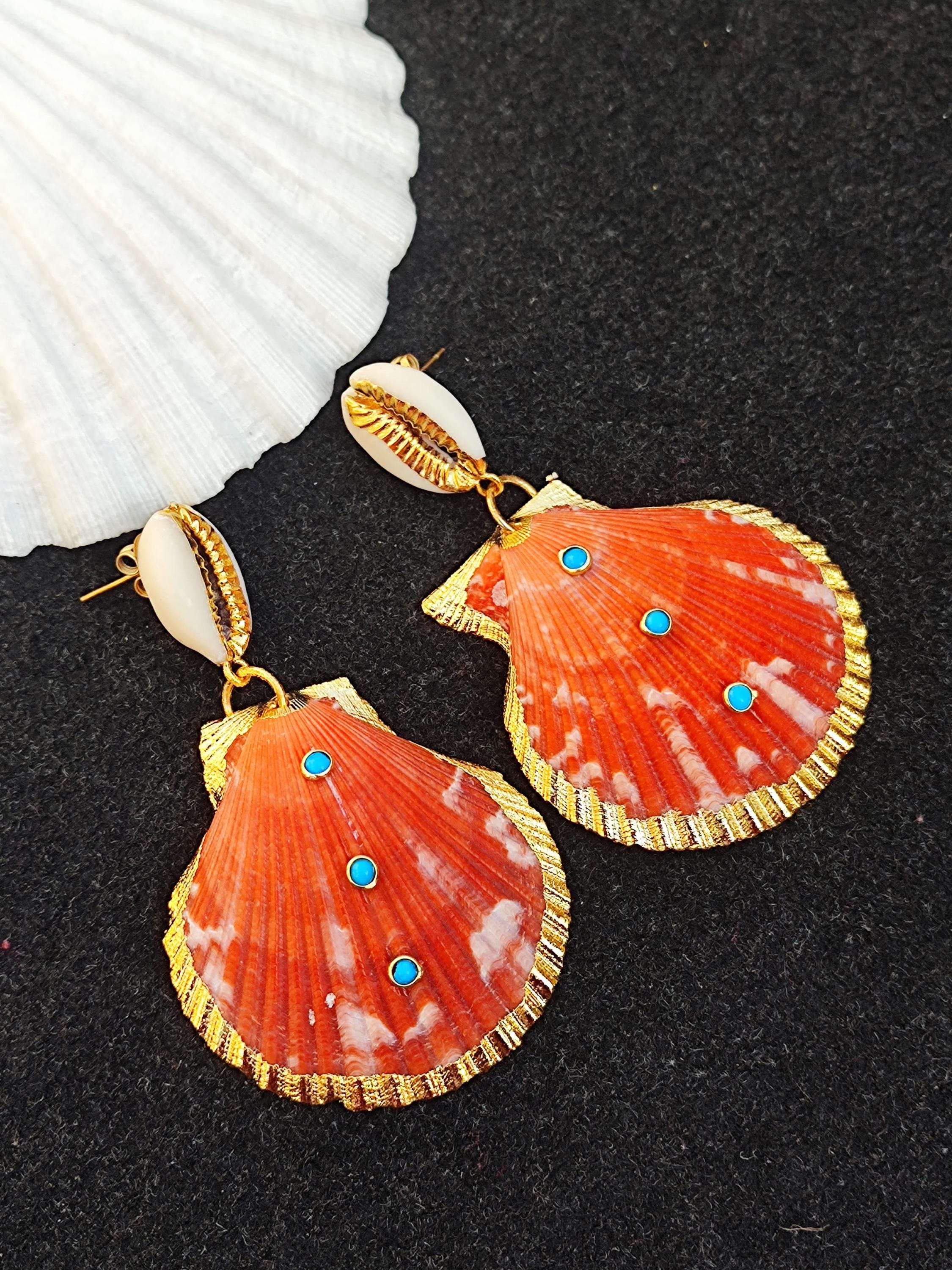18k Gold Fill Electroplated Natural Sea Shell Earring With Turquoise ...