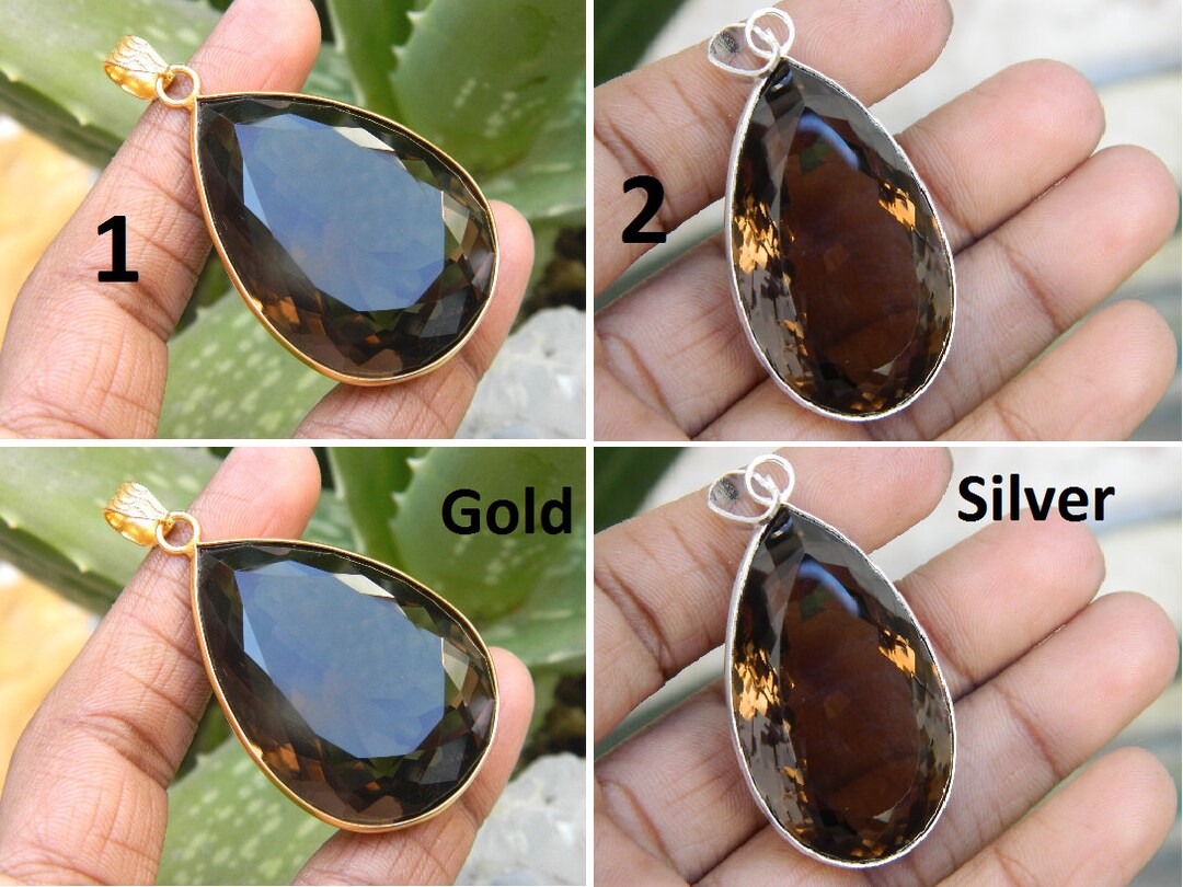 Natural Smoky Quartz Pendant Gold & Silver Plated Brass Pear Shape ...