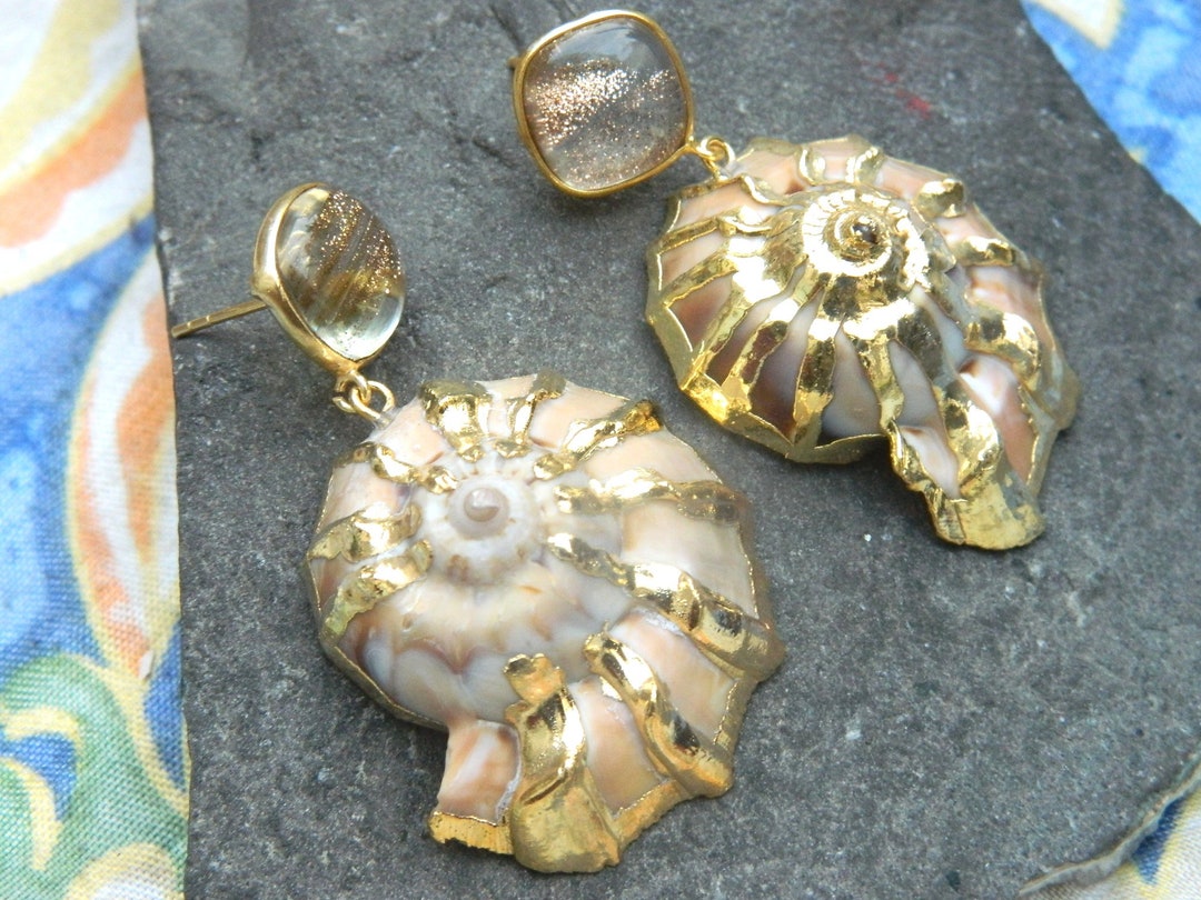 Handcrafted 18K Gold Filled Sea Shell Earrings With Gemstone Studs - Etsy