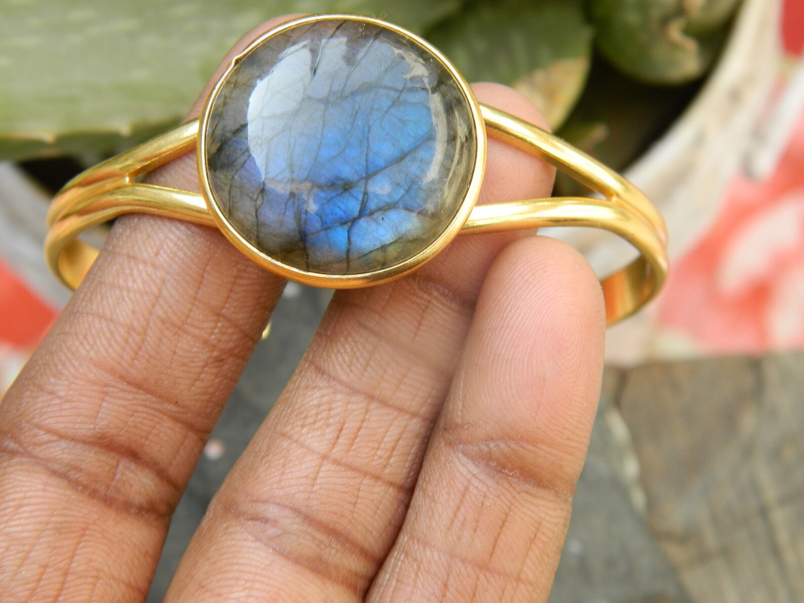 Rainbow Labradorite Cuff Bangle, Gold Plated Gemstone Bracelet - Etsy