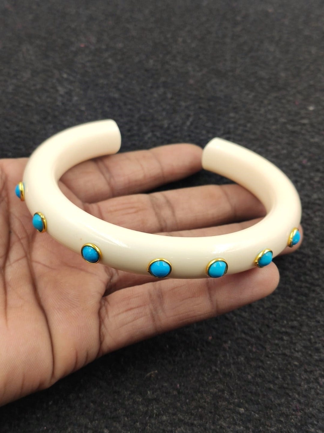 Resin Cuff Bangle Bracelet Ivory Color Resin With How Lite Turquoise ...