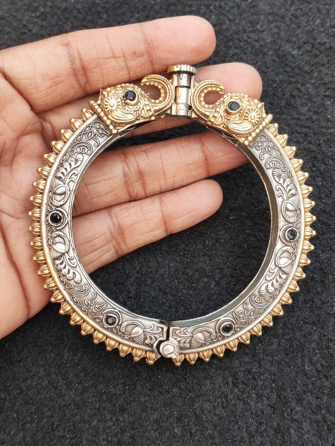 Elephant Theme Dual Tone Silver Oxidized Bangle Bracelet Kada Vintage Antique Look Openable ...