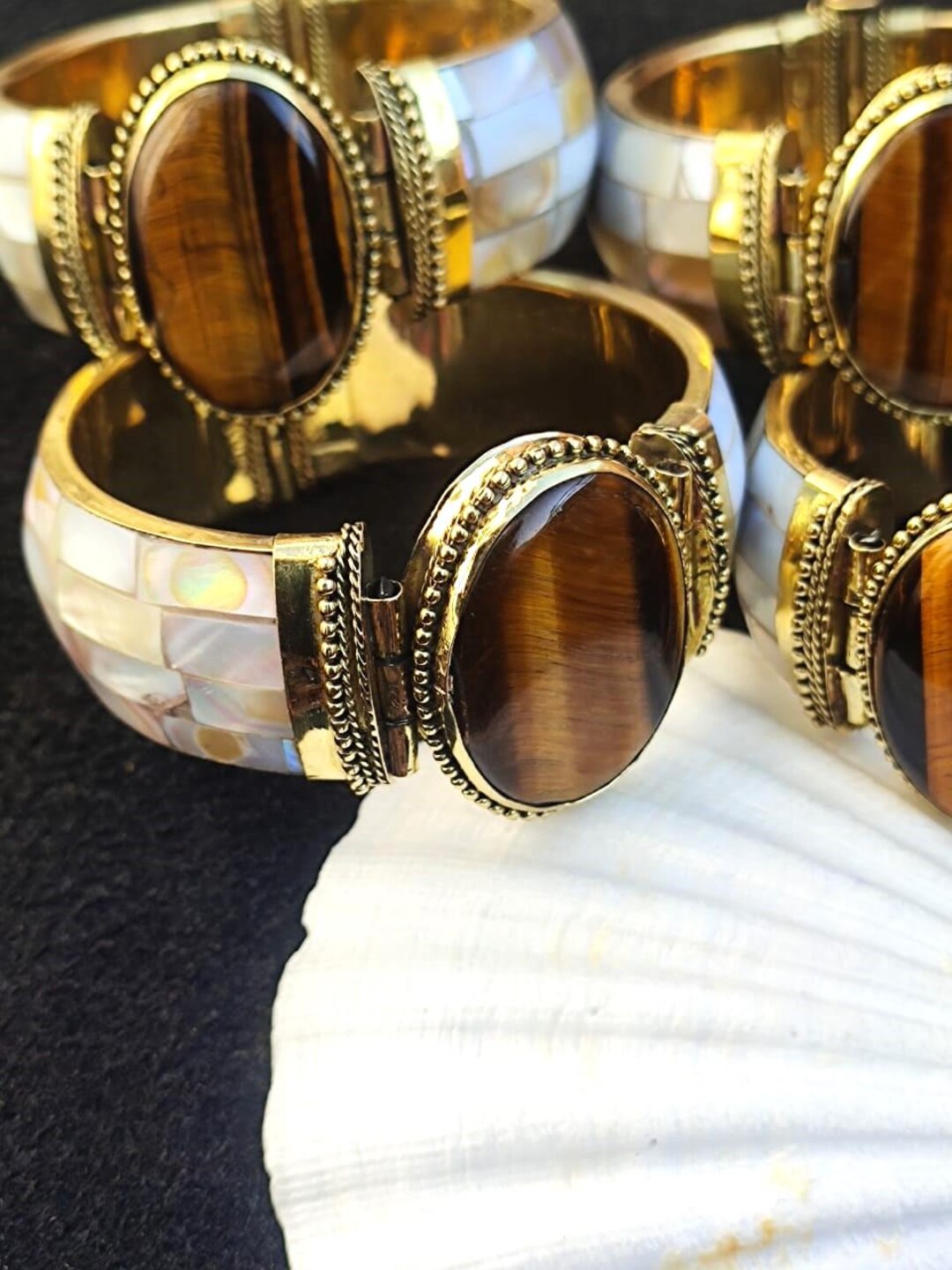 Tiger Eye Gemstone Brass Bangle: Vintage Mother of Pearl Inlay - Etsy