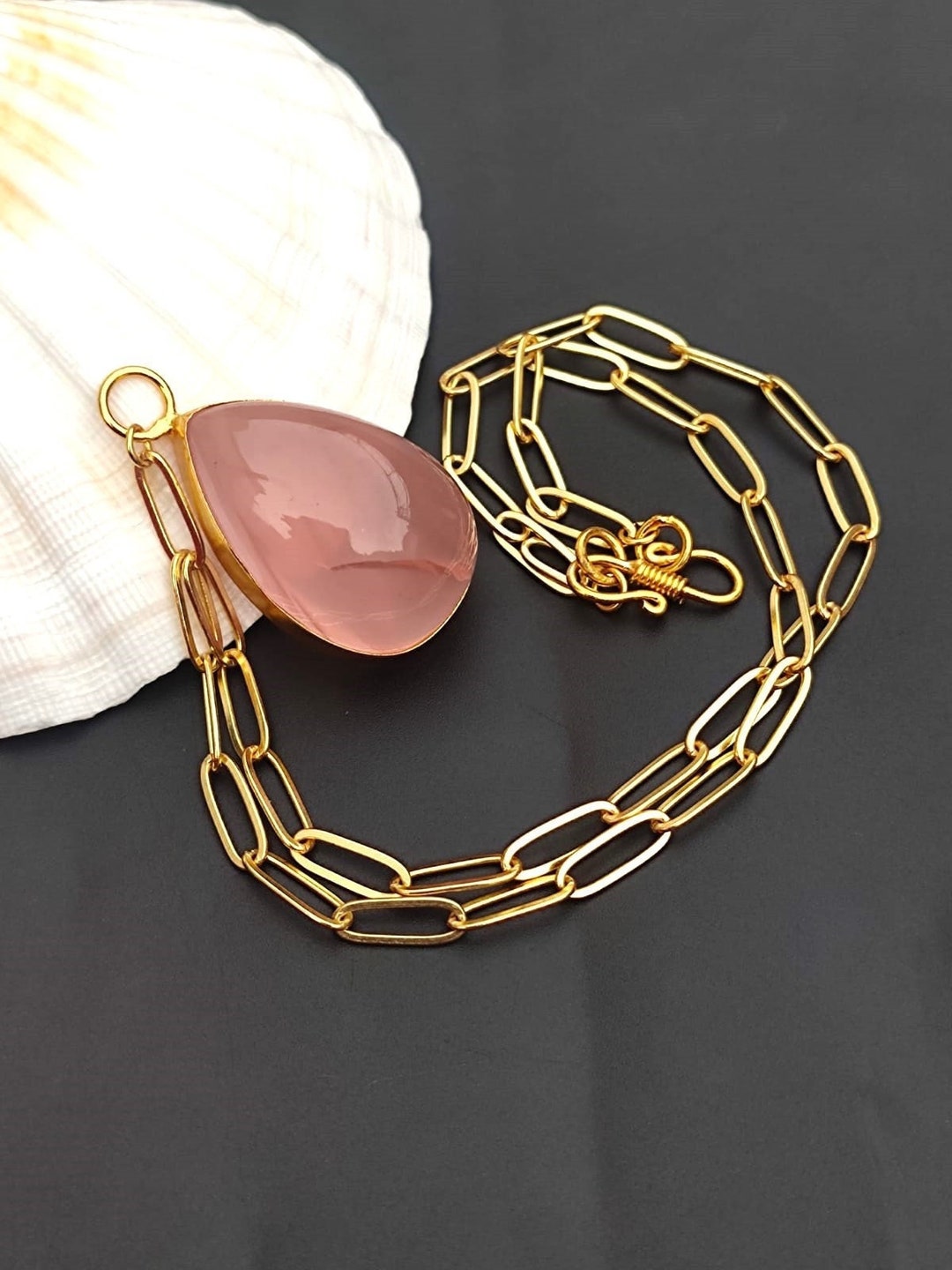 Handmade Rose Quartz Pendant Necklace, Gold Plated Brass, 20" Chain - Etsy