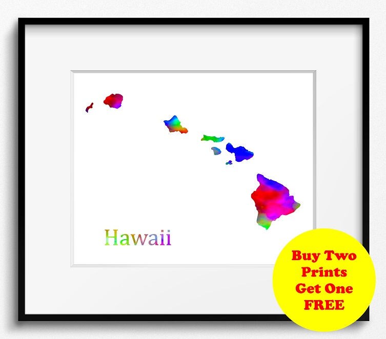 Hawaii State Map Watercolor Art Print 073 - Etsy