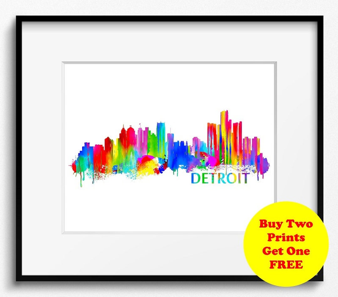 Detroit Skyline Watercolor Art Print (018) Detroit Cityscape, Michigan ...