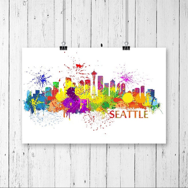 Seattle Skyline Watercolor Splash Art Print (510) Cityscape Washington ...