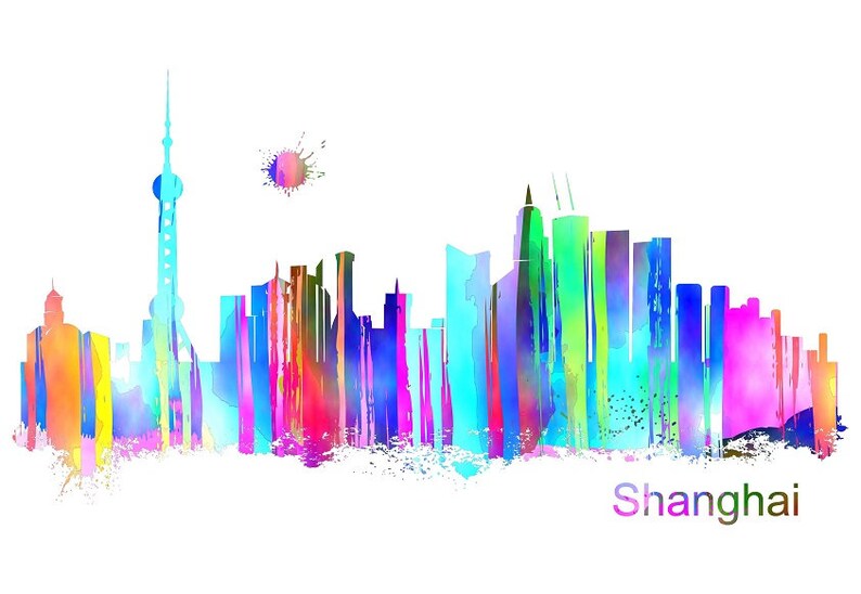 Shanghai Skyline Watercolor Art Print 650 Cityscape China - Etsy