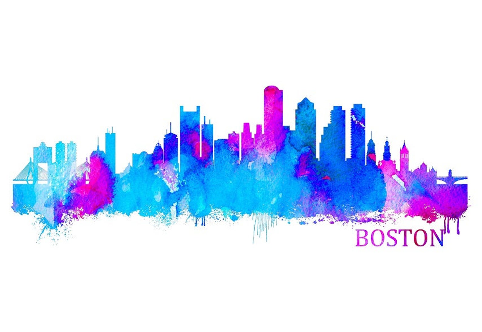 Boston Skyline Watercolor Art Print (414) Boston Cityscape, Boston ...