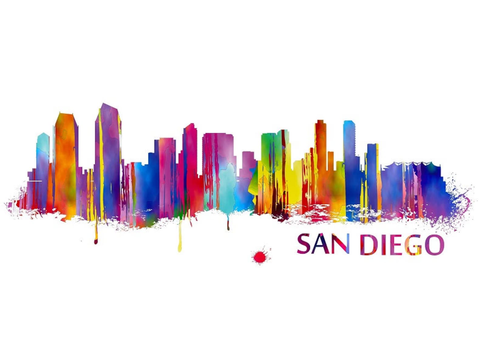 San Diego Skyline, Watercolor Art Print (052) San Diego Cityscape, San ...