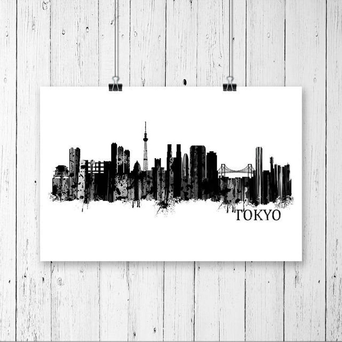 Tokyo Skyline Watercolor, Black and White Art Print 854 Tokyo Cityscape ...