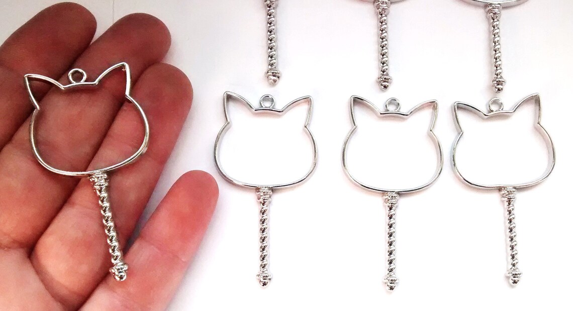 2/5/10 Pcs Open Bezel Cat Charms, Silver Charm, Cat Pendant, Resin ...