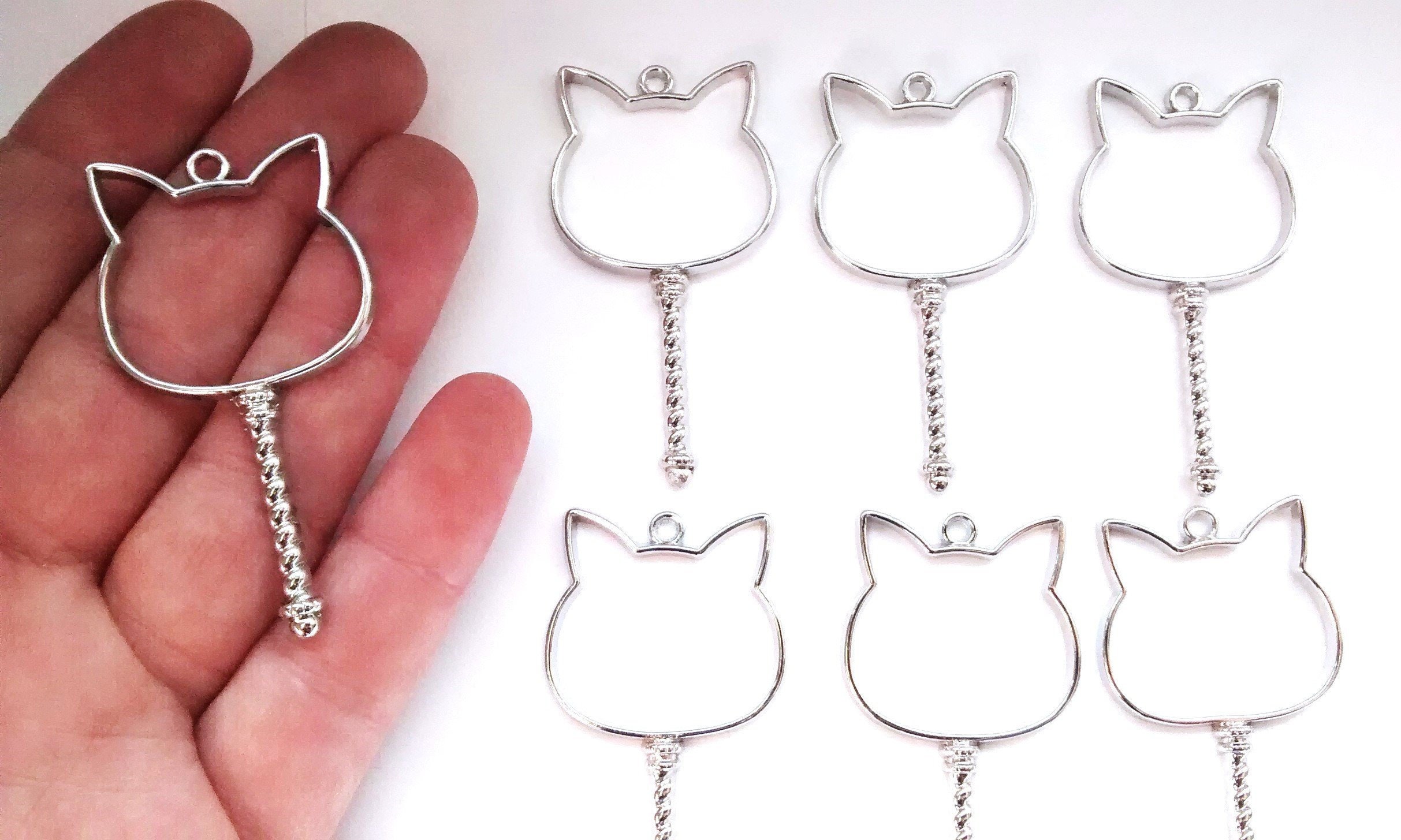 2/5/10 Pcs Open Bezel Cat Charms, Silver Charm, Cat Pendant, Resin ...