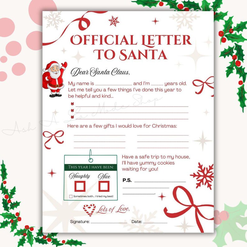 Kid's Letter to Santa Printable, Dear Santa Letter Template, Kid ...