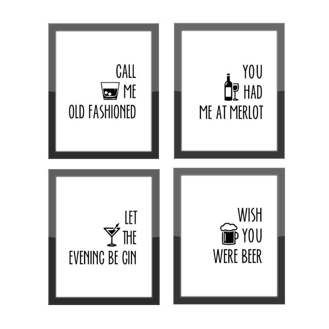 Gallery Wall Alcohol Quotes, Set of 4 Home Decor Prints, Kitchen, Bar ...