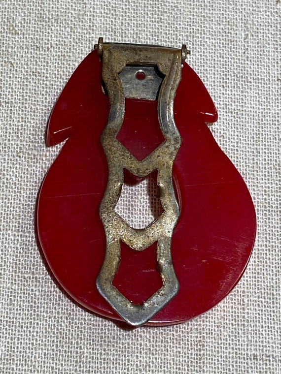 Carved Red Bakelite Dress Clip - Gem