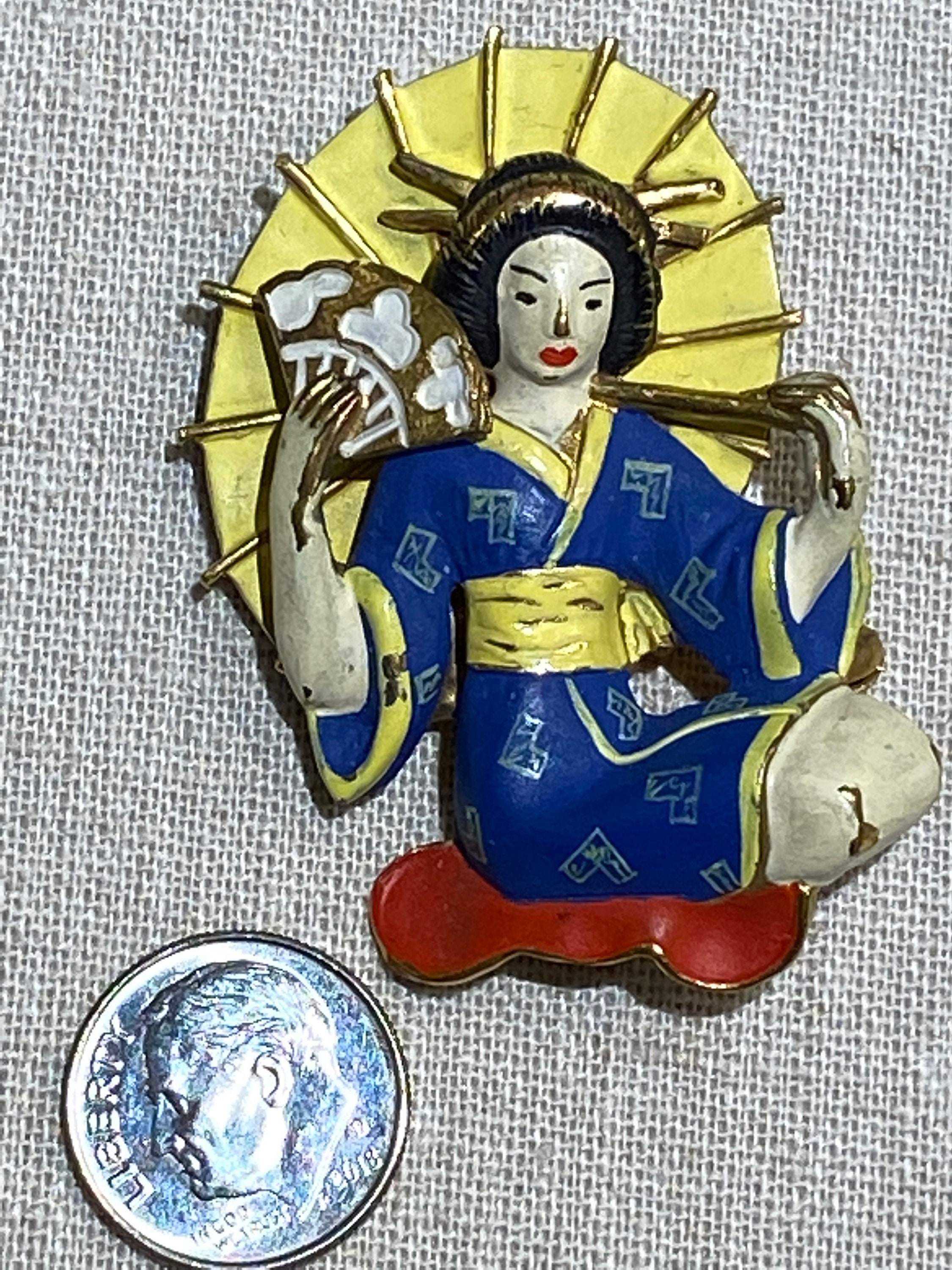 1930s Figural Hand Painted Geisha Girl Brooch