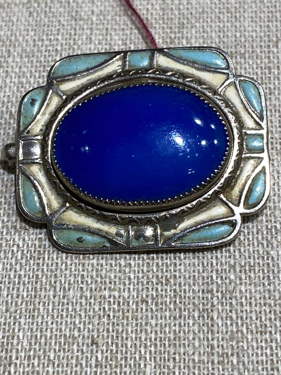 1920s Enamel Blue Stone Brooch Pin - Gem