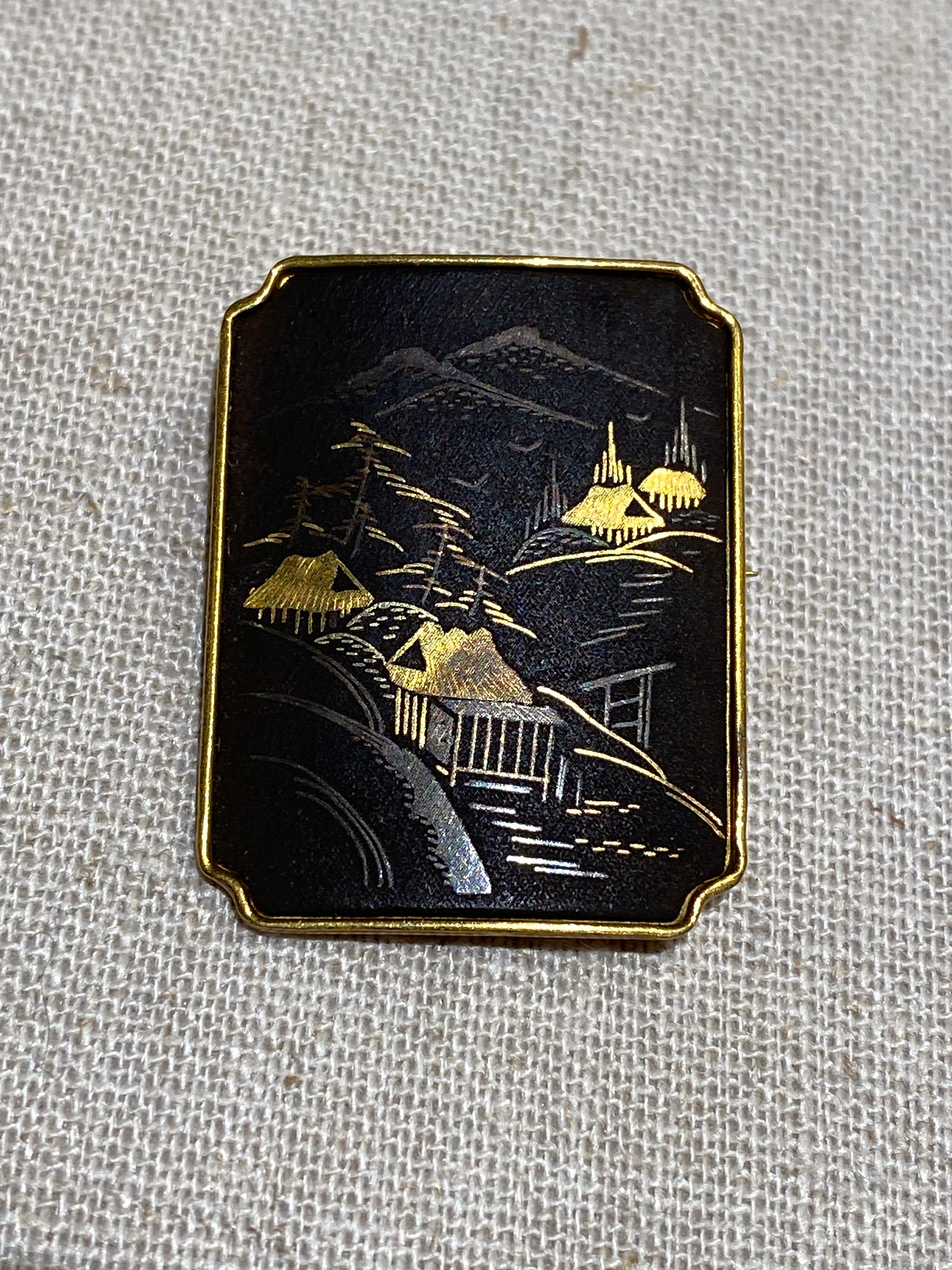 Amita Japan Damascene Village Scene Brooch