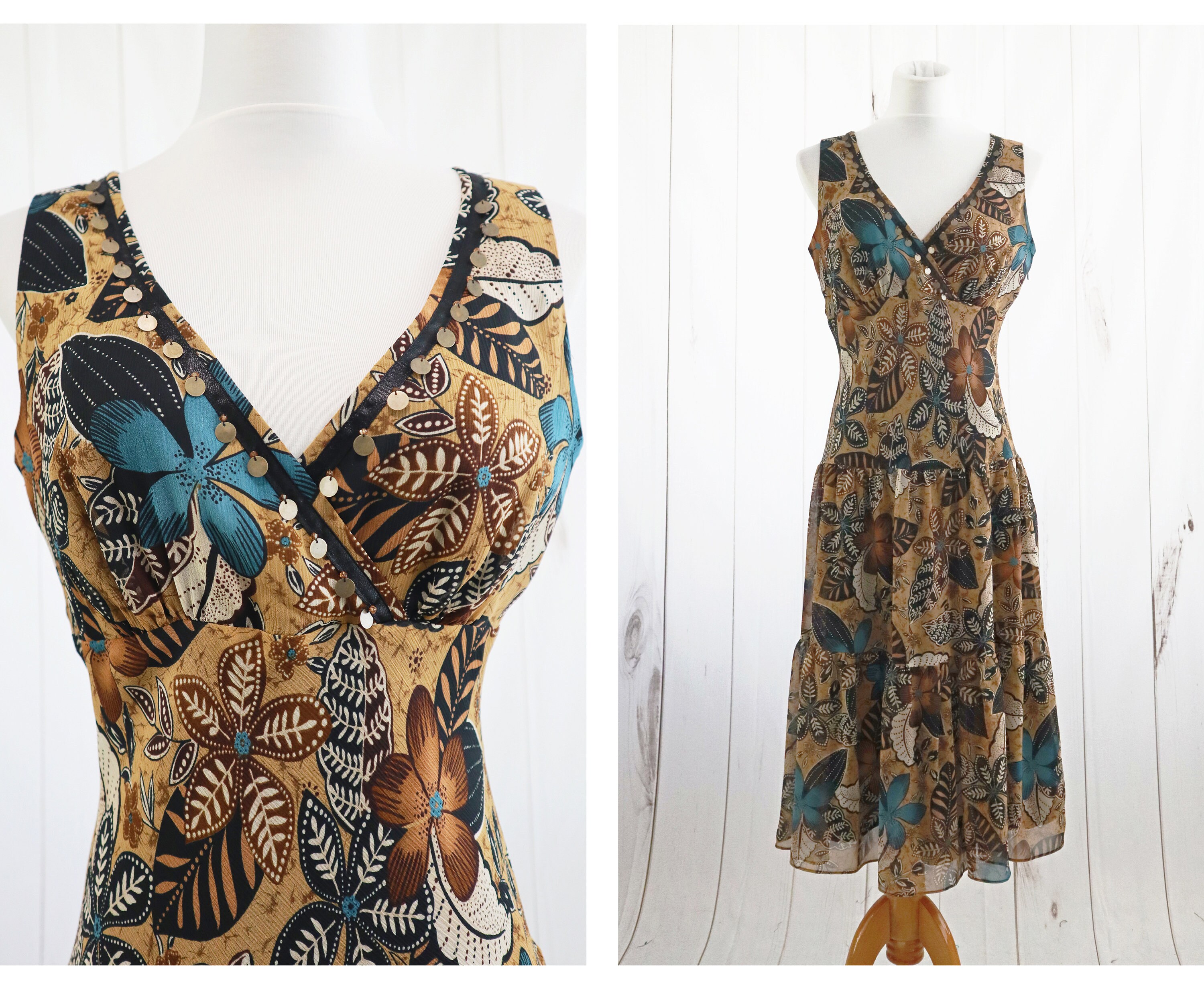 90s Boho Midi Dress Vintage 1990s Medium Large Gold Bangles Bohemian ...