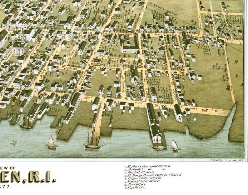 Warren, Rhode Island in 1877 Bird's Eye View, Map, Aerial, Panorama ...