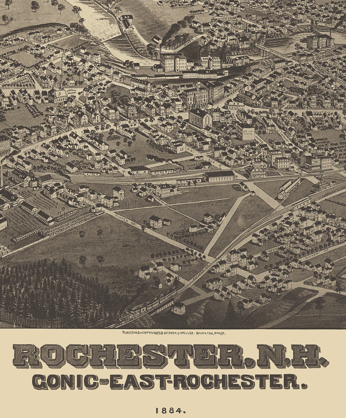 Rochester, Gonic y East Rochester, New Hampshire, 1884: vista aérea ...