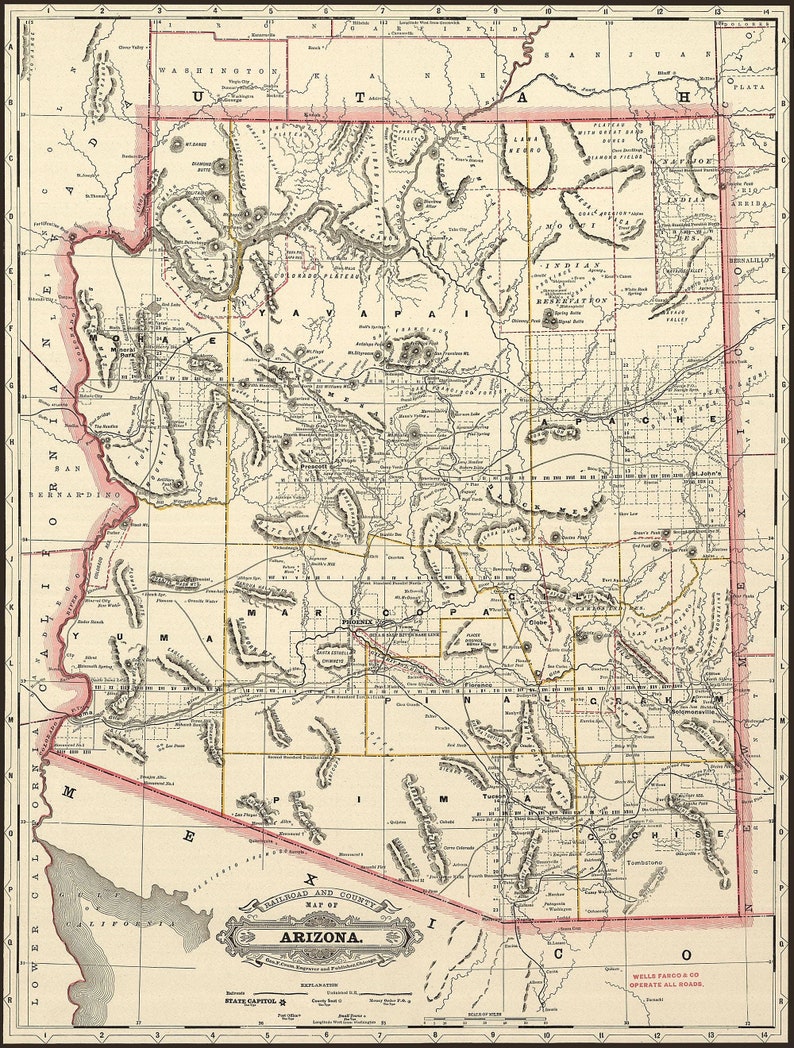 Arizona County & Railroad Map of 1887 - Bird's Eye View, Vintage ...