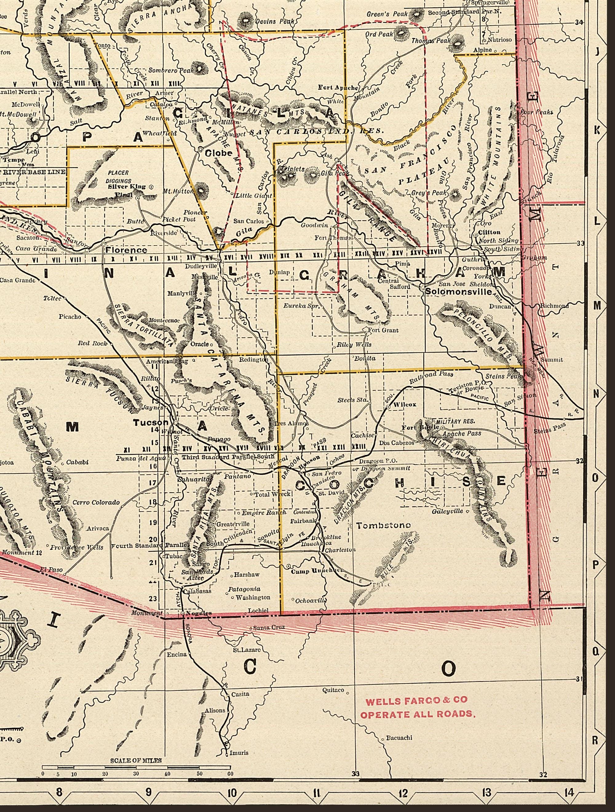 Arizona County & Railroad Map of 1887 - Bird's Eye View, Vintage ...