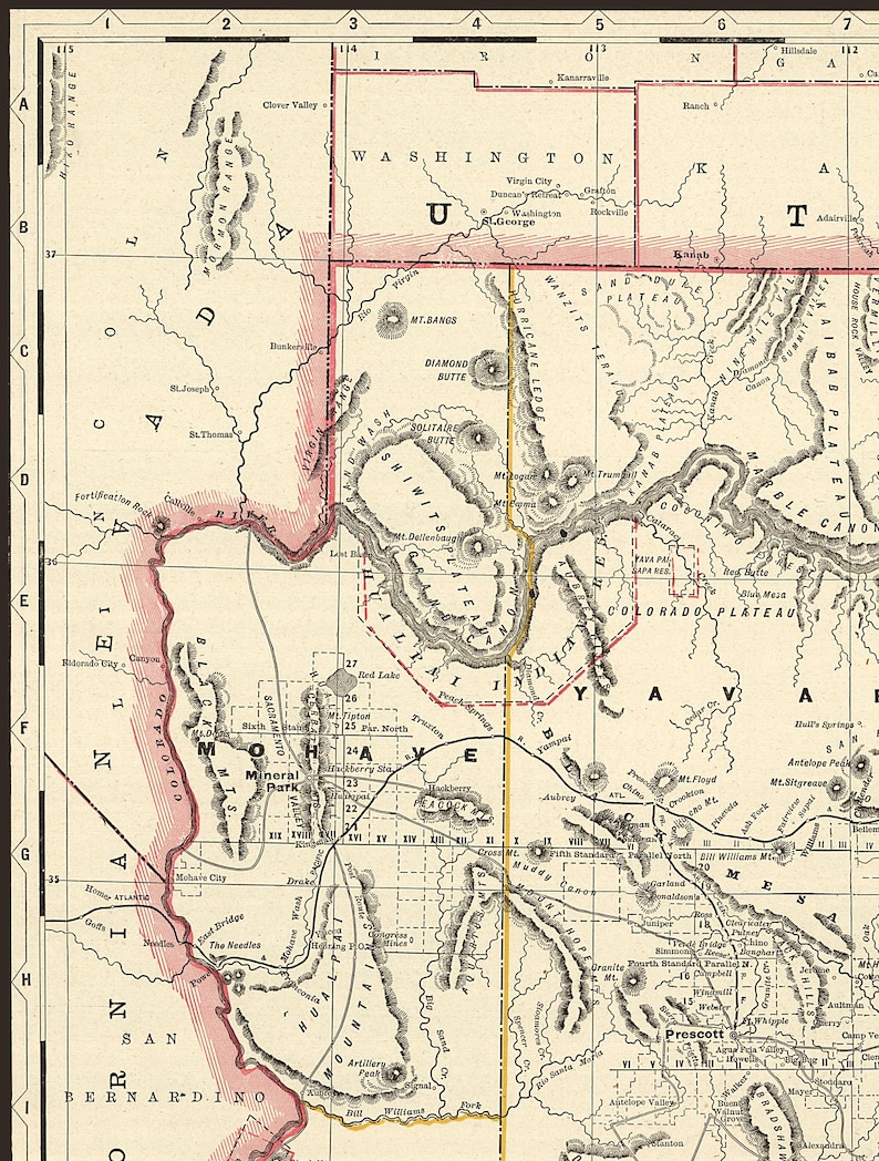 Arizona County & Railroad Map of 1887 - Bird's Eye View, Vintage ...