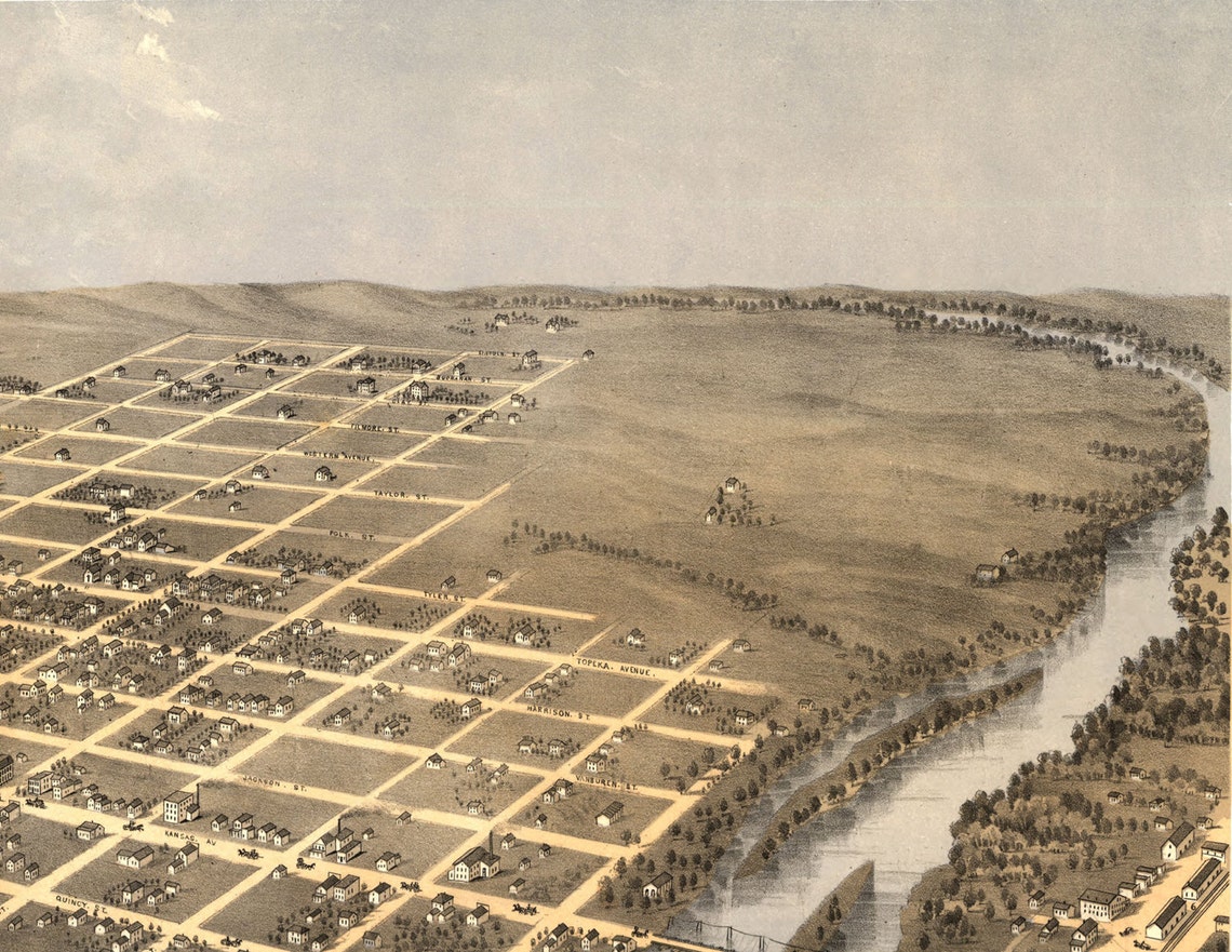 Topeka, Kansas in 1869 Bird's Eye View Map, Aerial Map, Panorama ...