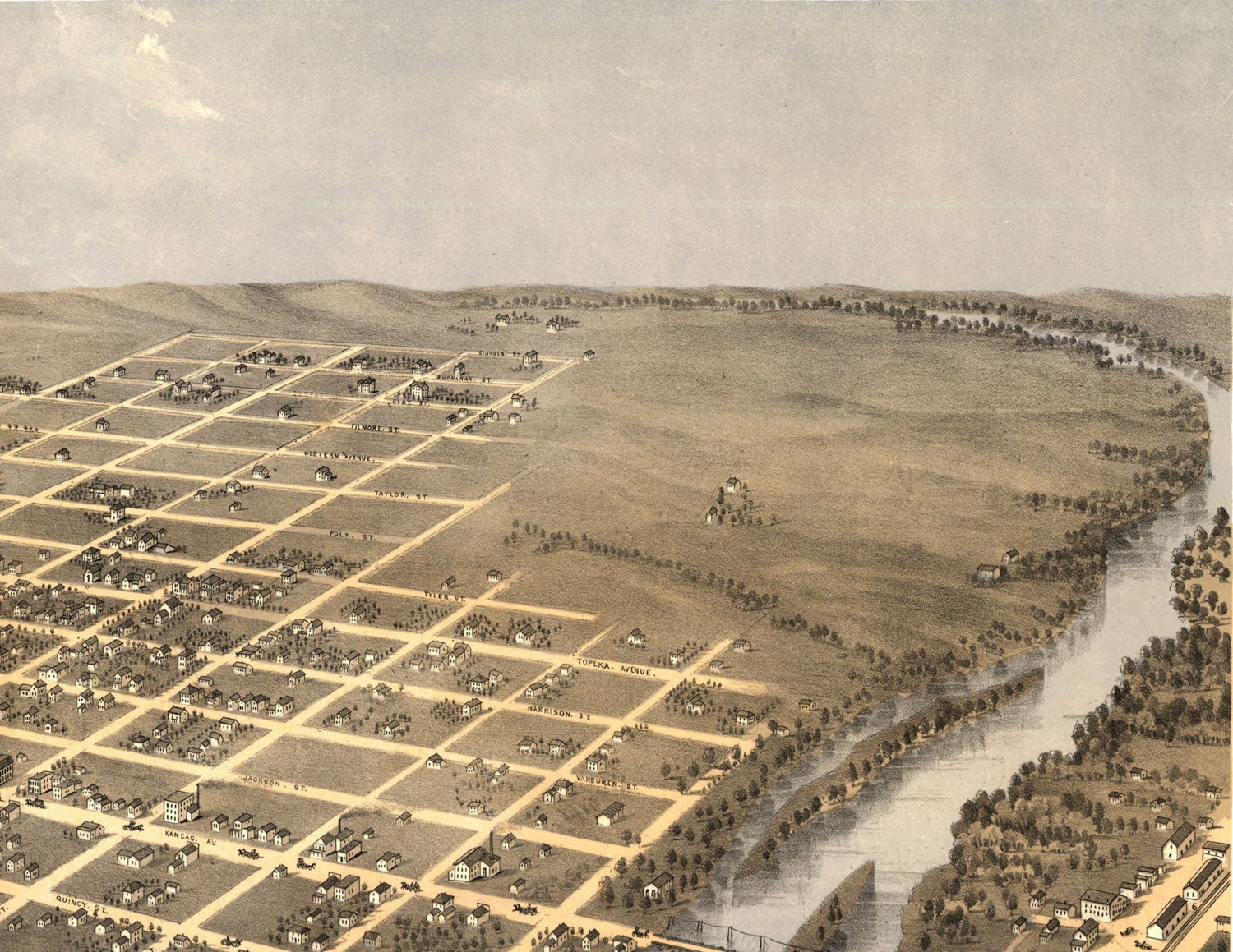 Topeka, Kansas in 1869 Bird's Eye View Map, Aerial Map, Panorama ...