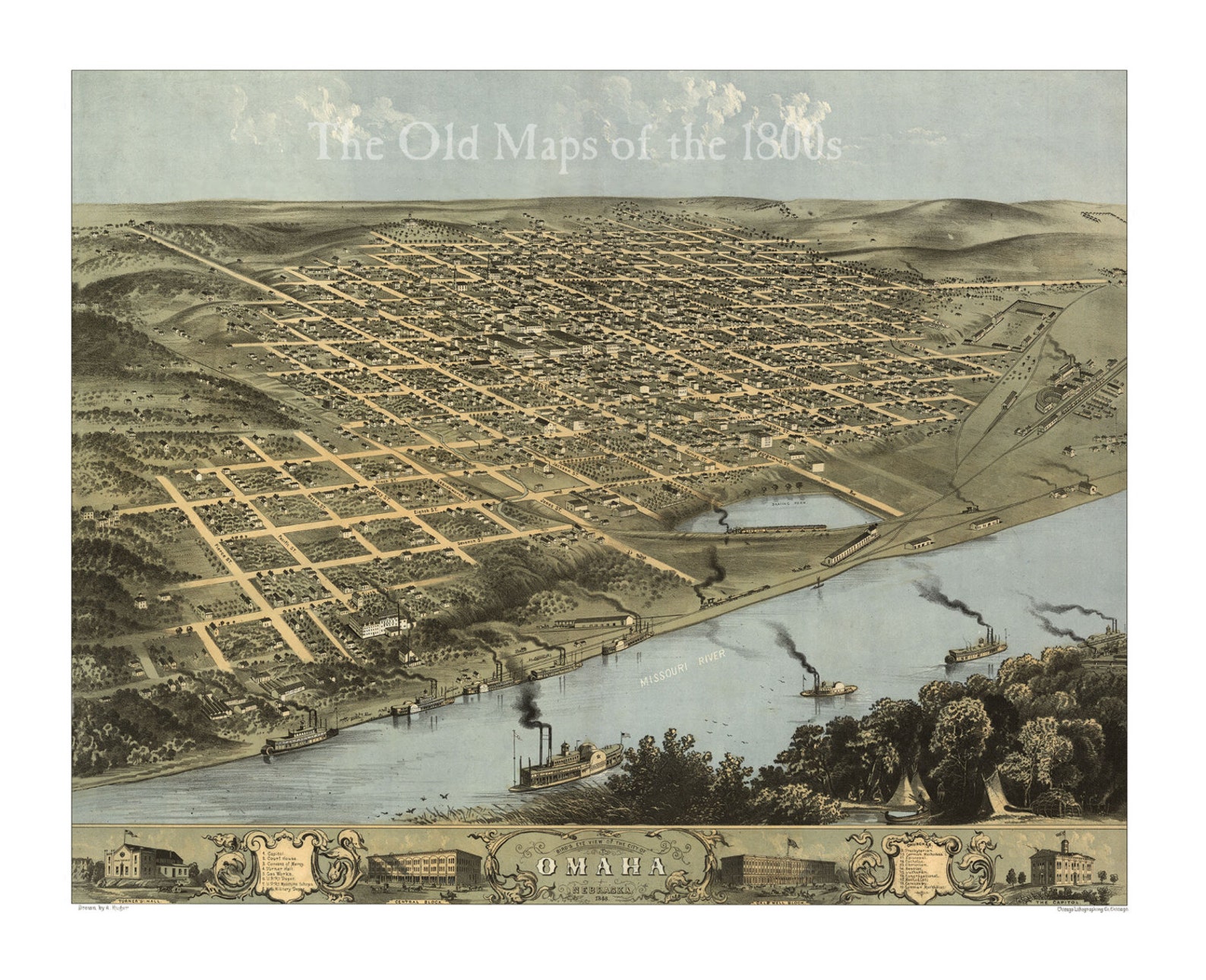 Omaha, Nebraska in 1868 Bird's Eye View Map, Aerial, Panorama, Vintage ...