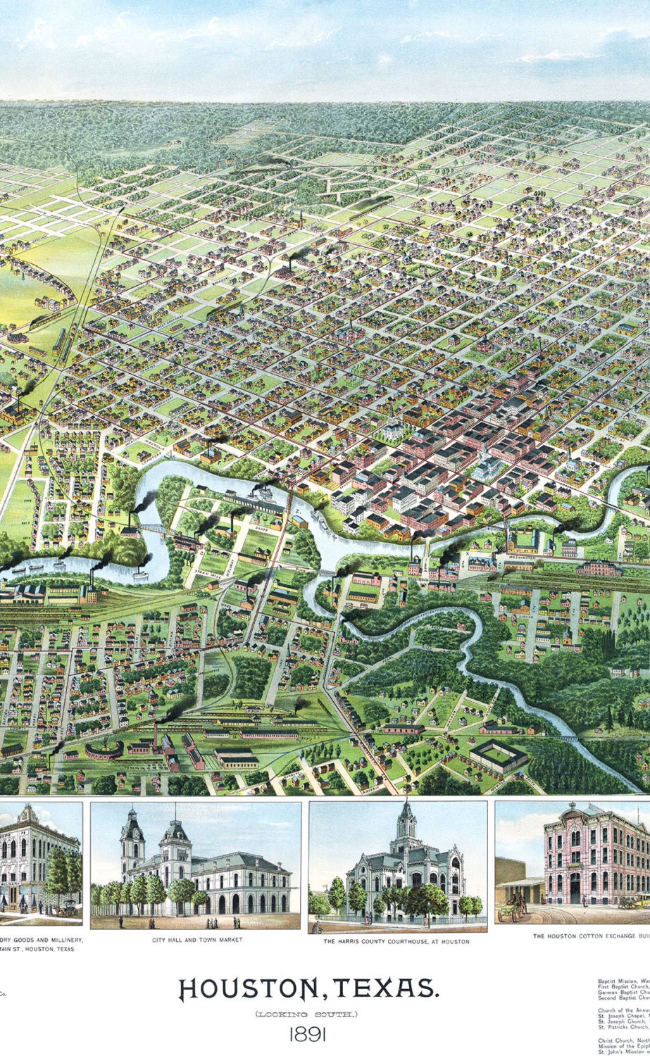 Houston, Texas in 1891 - Bird's Eye View, Aerial Map, Panorama, Vintage ...