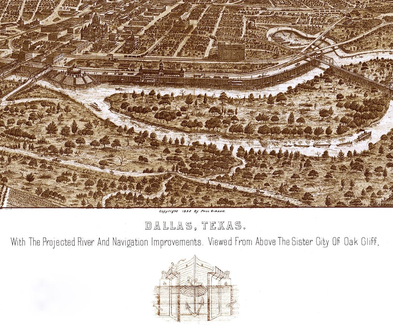 Dallas, Texas in 1892 Bird's Eye View, Map, Aerial, Panorama, Vintage ...