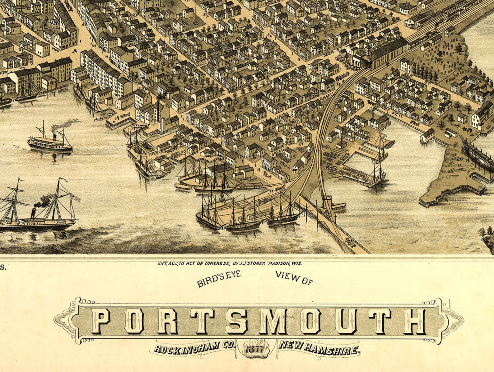 Portsmouth New Hampshire In 1877 Birds Eye View Aerial Panorama