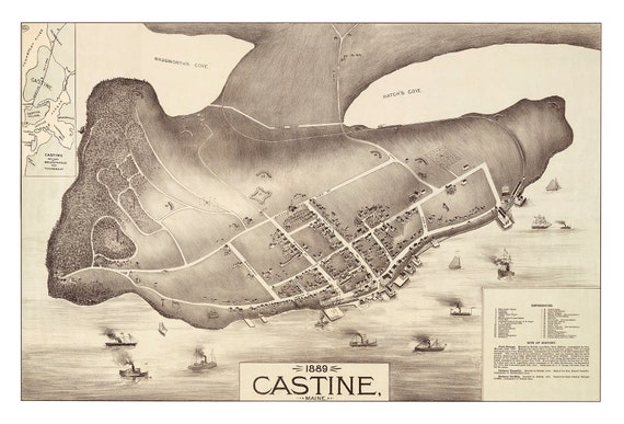 Castine Maine in 1889 Bird's Eye View Map Aerial - Etsy