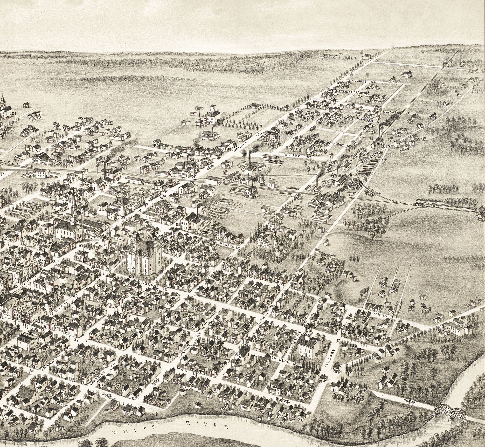 Muncie, Indiana in 1884 - Bird's Eye View Map, Aerial Map, Panorama ...