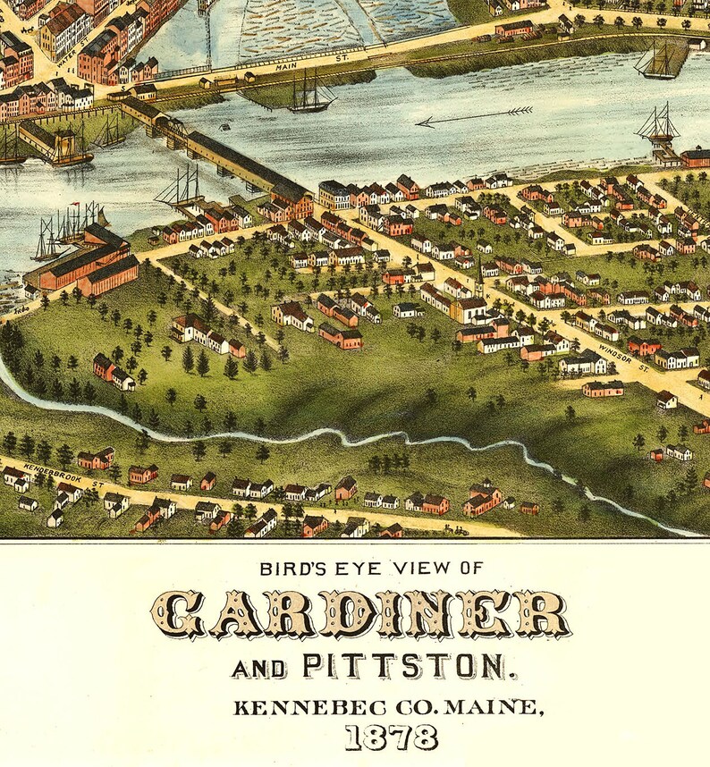 Gardiner and Pittston, Maine in 1878 - Bird's Eye View Map, Aerial ...