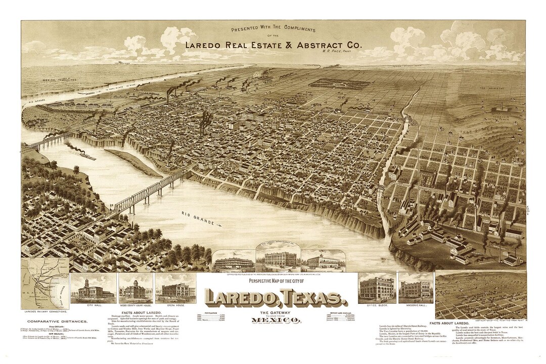 Laredo, Texas in 1892 - Bird's Eye View, Aerial Panorama, Vintage ...
