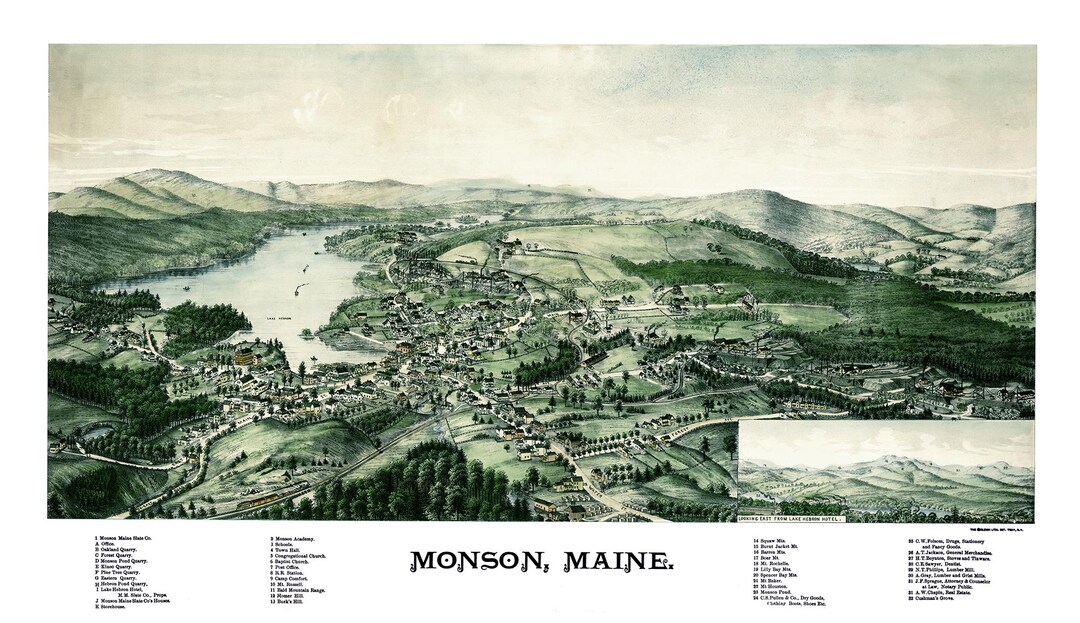 Monson, Maine in 1889 - Bird's Eye View Map, Aerial, Panorama, Vintage ...