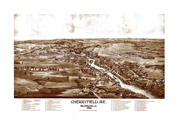 Cherryfield Maine in 1896 Bird's Eye View Map Aerial - Etsy